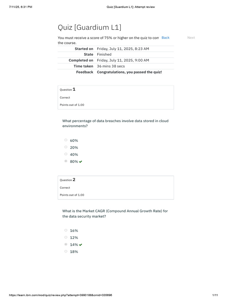 Guardium L1 Quiz Completion Report | PDF | Cloud Computing | Security