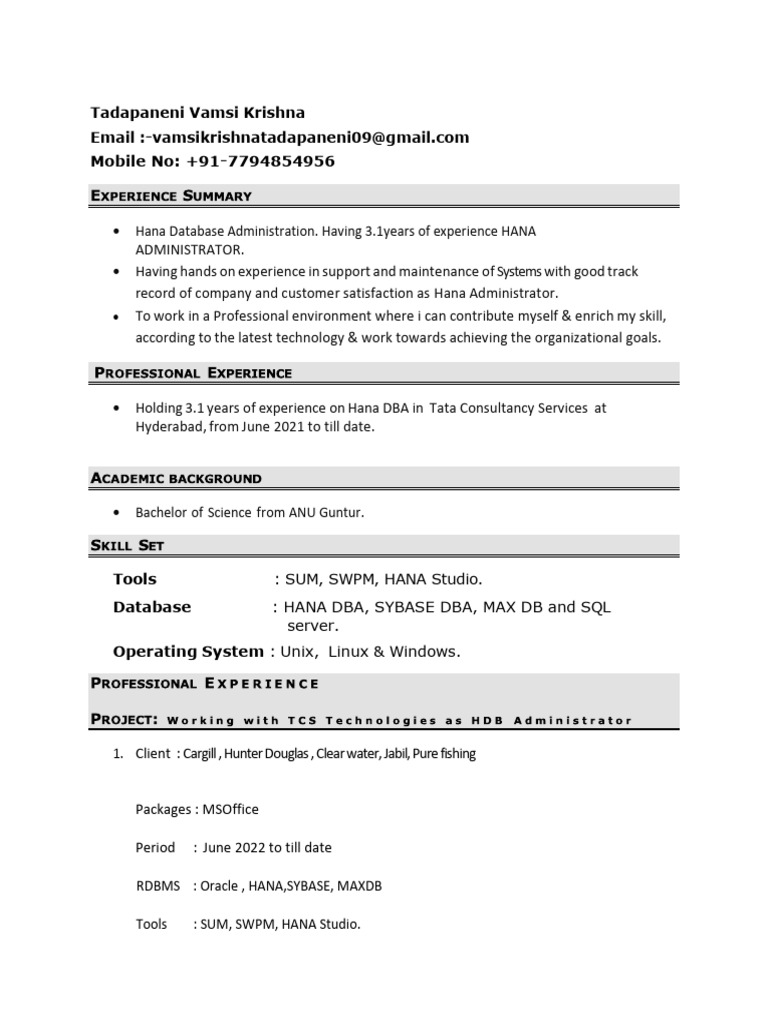 Vamsi Krishna HD Resume | PDF | Databases | System Software