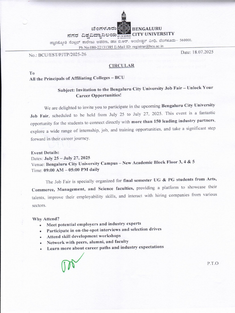 Circular - Invitation To The BCU Job Fair | PDF