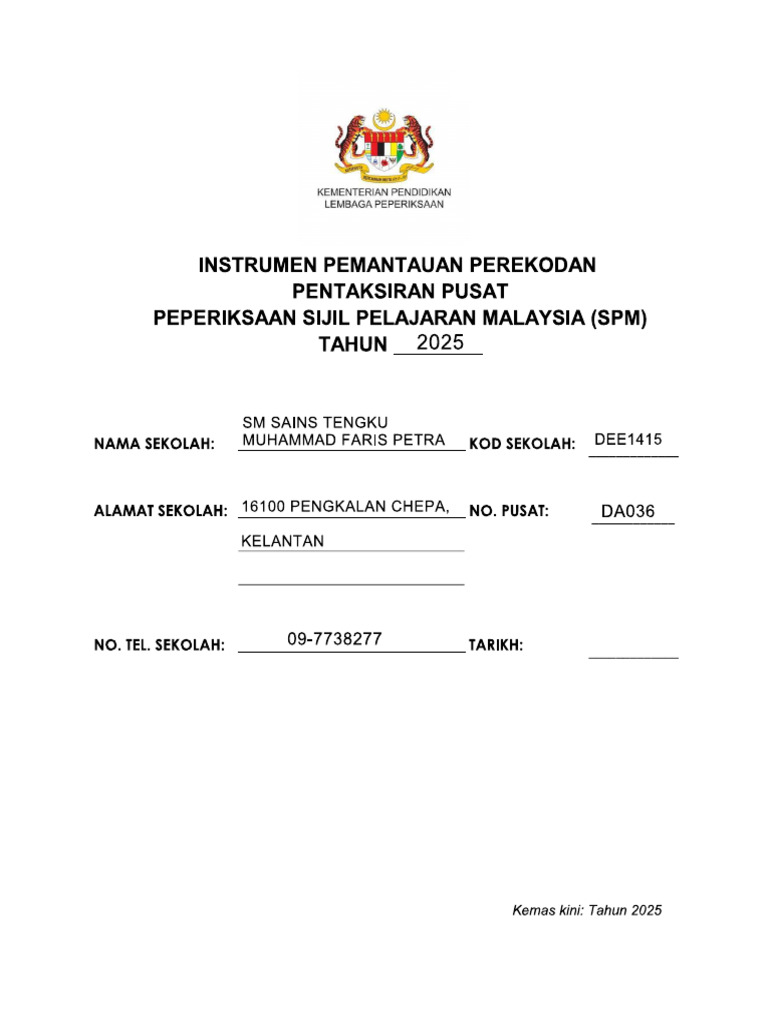 Muka Hadapan Instrumen Pemantauan Perekodan PP SPM Edit | PDF