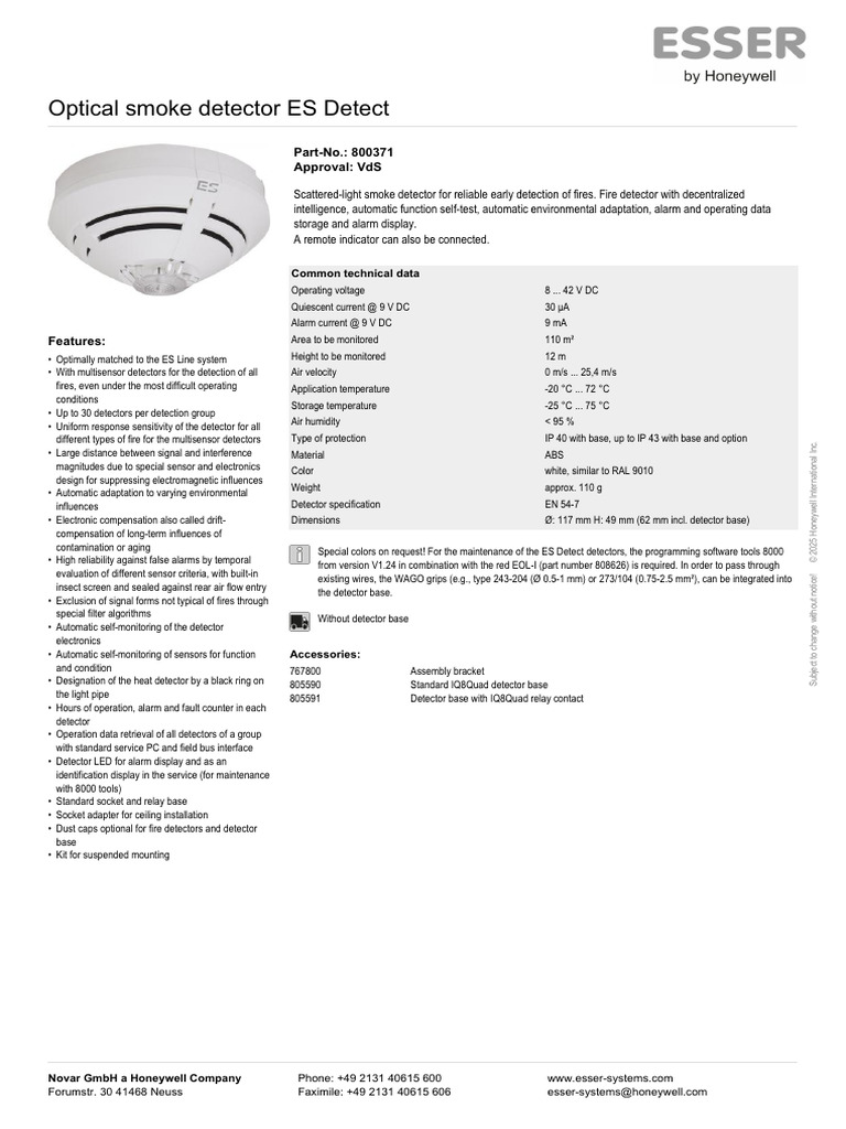 ES Detect Optical Smoke Detector 800371 | PDF | Sensor | Electricity