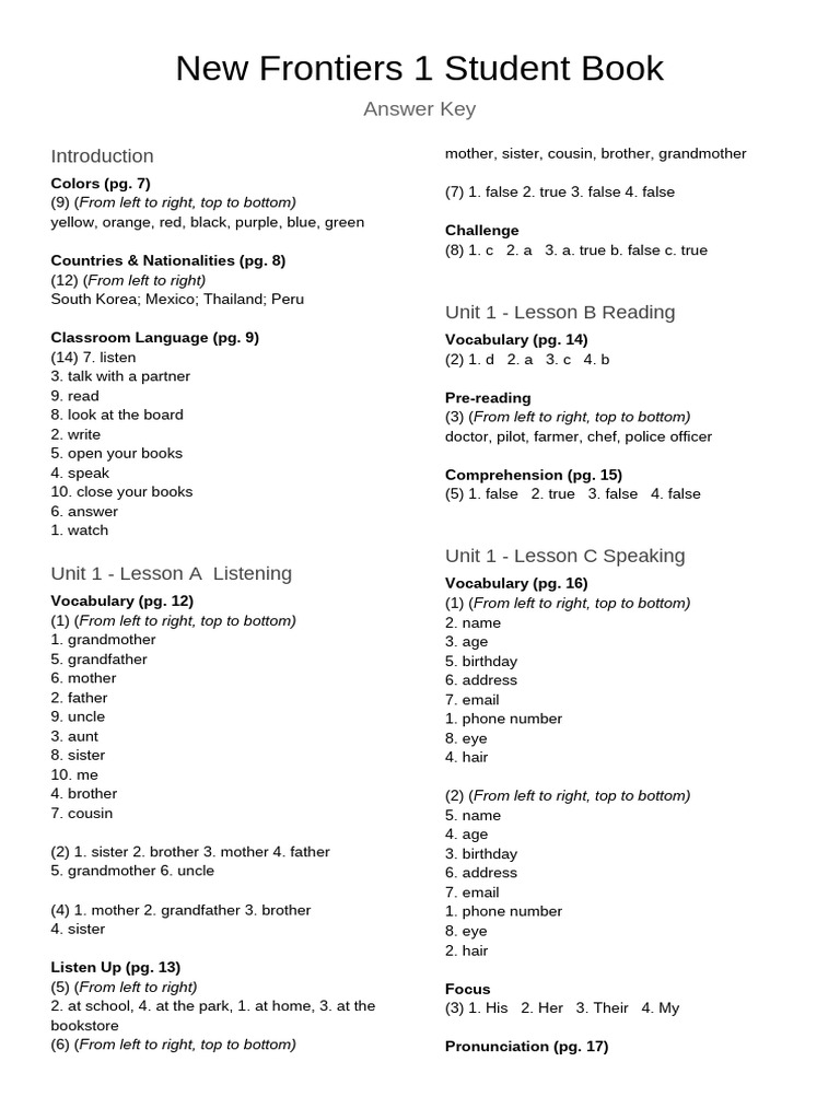 New Frontiers 1 Answer Key | PDF | Bedroom | Soup