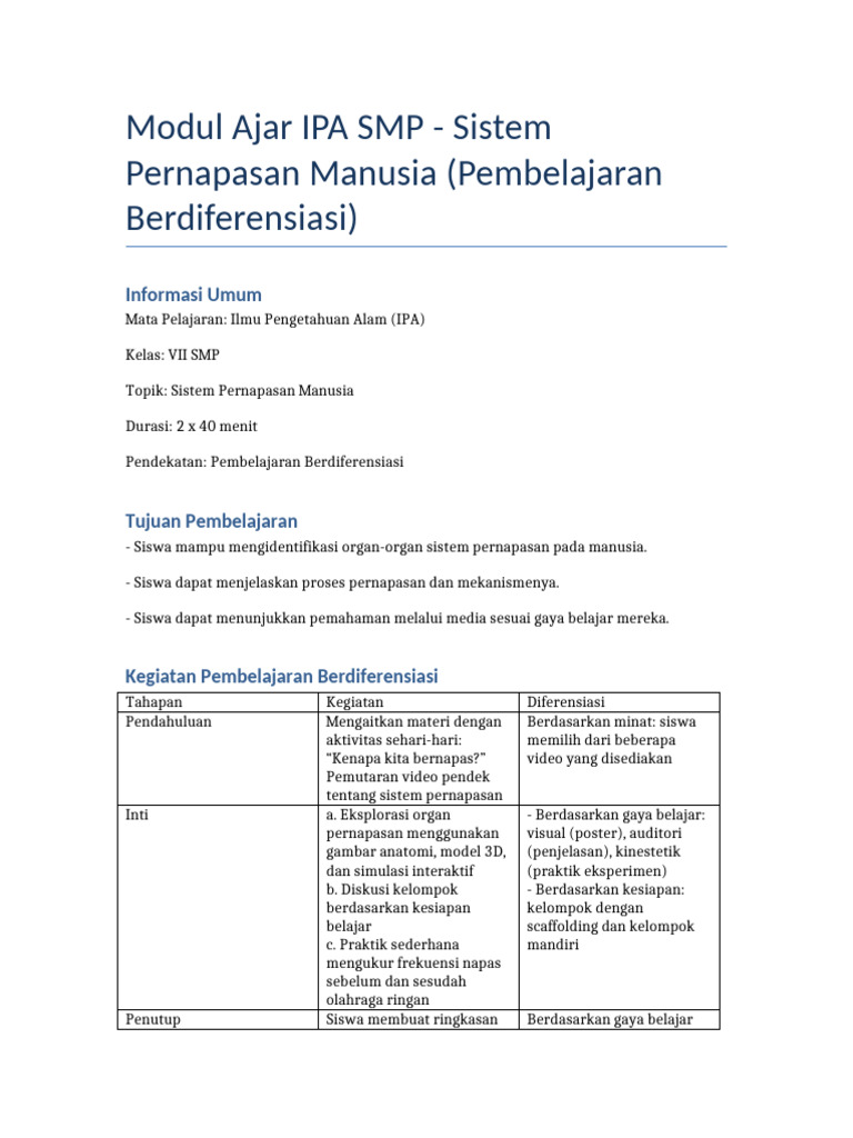 Modul Ajar IPA SMP Sistem Pernapasan Diferensiasi | PDF