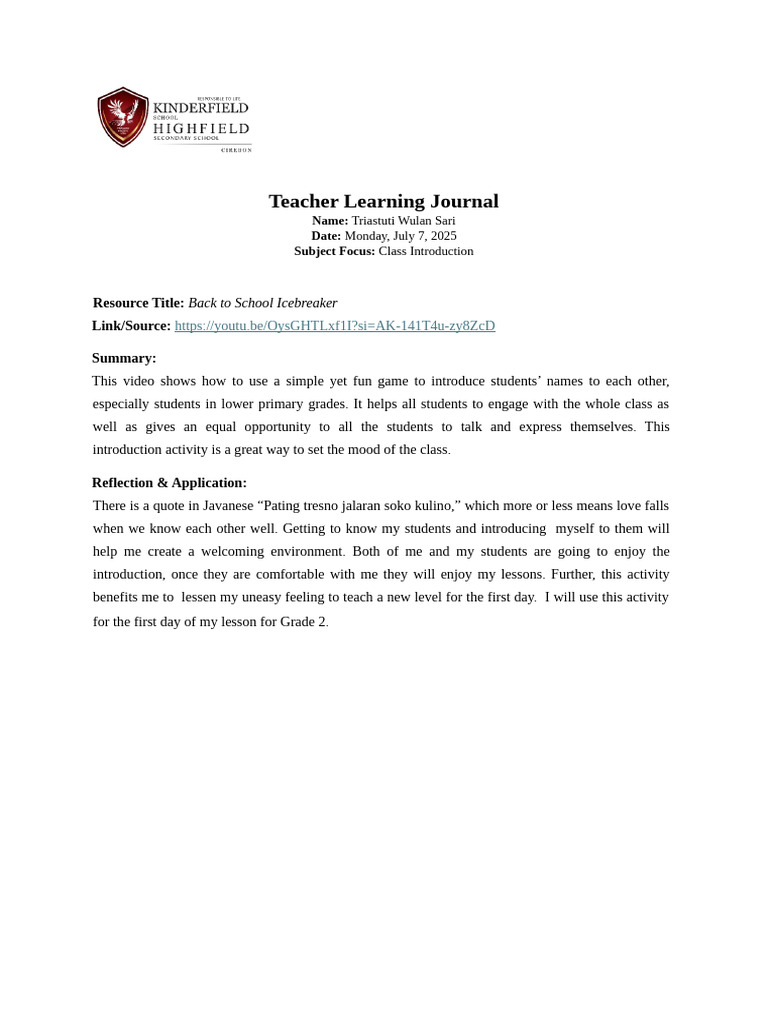 Teacher Learning Journal - 1 | PDF