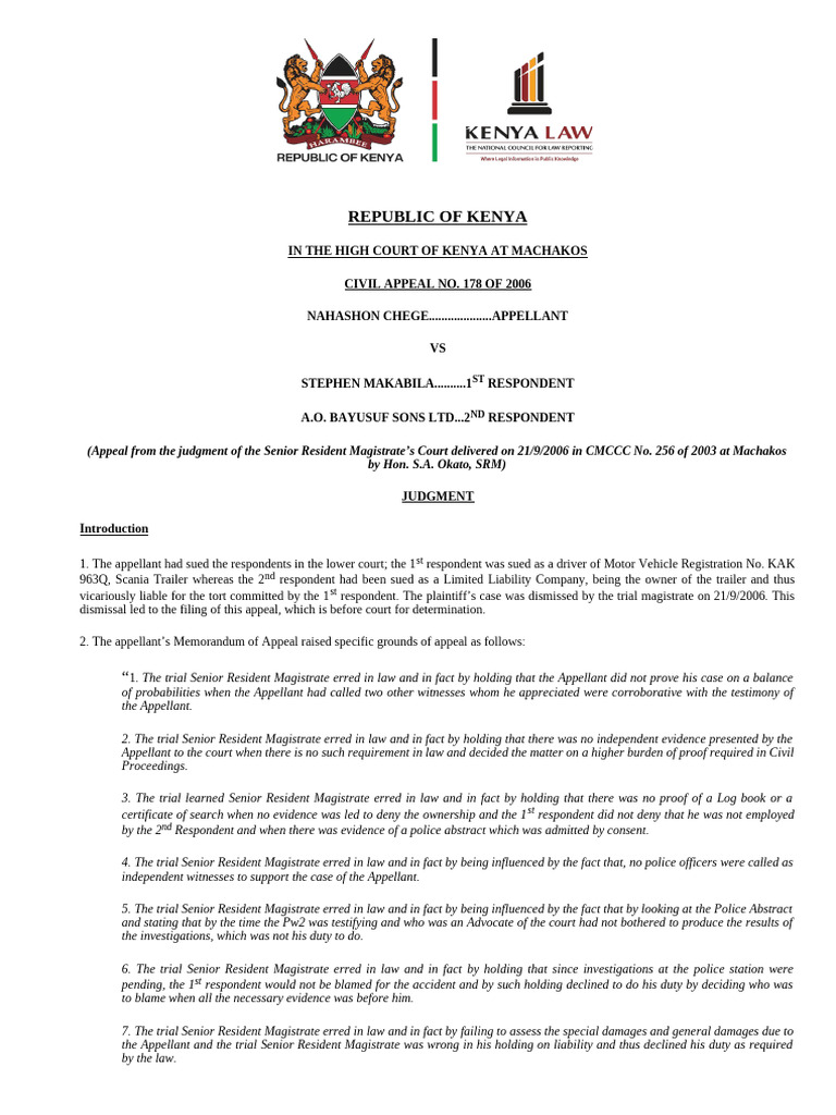 Nahashon Chege V Stephen Makabila Another 2018KEHC891 (KLR) | PDF ...
