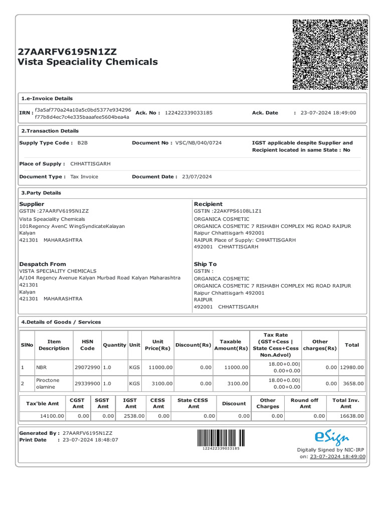 Vista Specialty Chemicals Invoice Details | PDF | Taxation | Payments