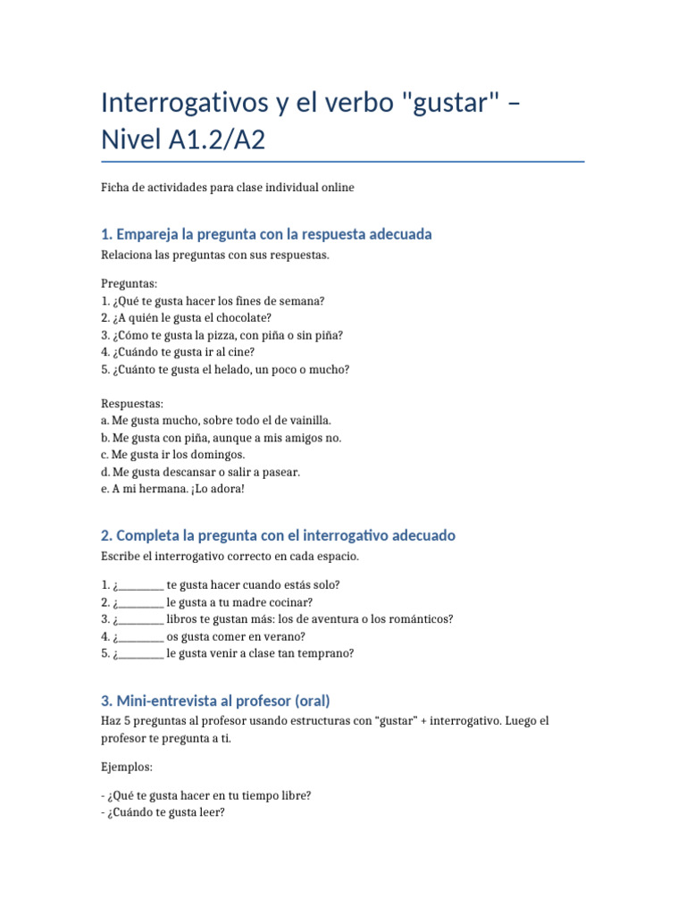 Interrogativos y "gustar" en español A1.2/A2 | PDF