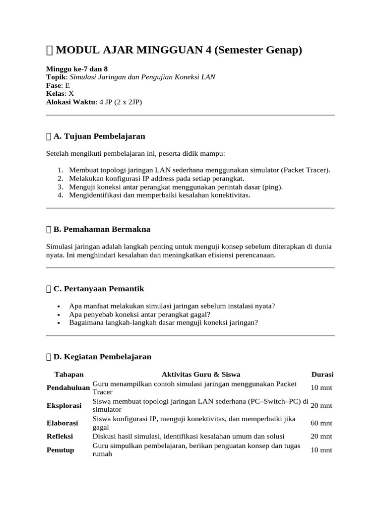 ? SMT2 - MODUL AJAR MINGGUAN 4-Simulasi Jaringan Dan Pengujian Koneksi LAN | PDF