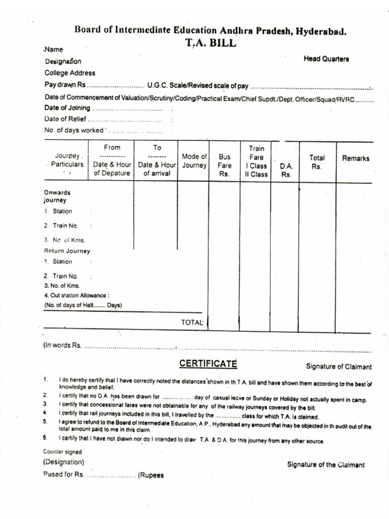 BIE TA, DA & Workdone Bill Form-4 | PDF