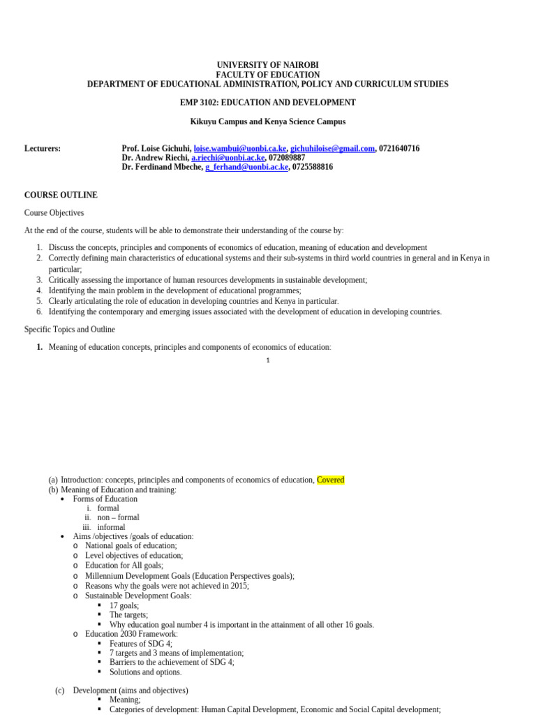 Education and Development Course Outline | PDF | Governance | Economics