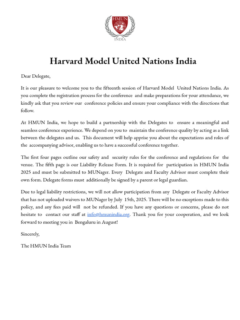 HMUN India 2025 Delegate Liability Waiver | PDF | Indemnity | Plagiarism