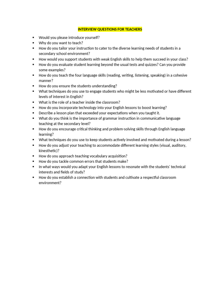 Interview Questions For Teachers-1 | PDF