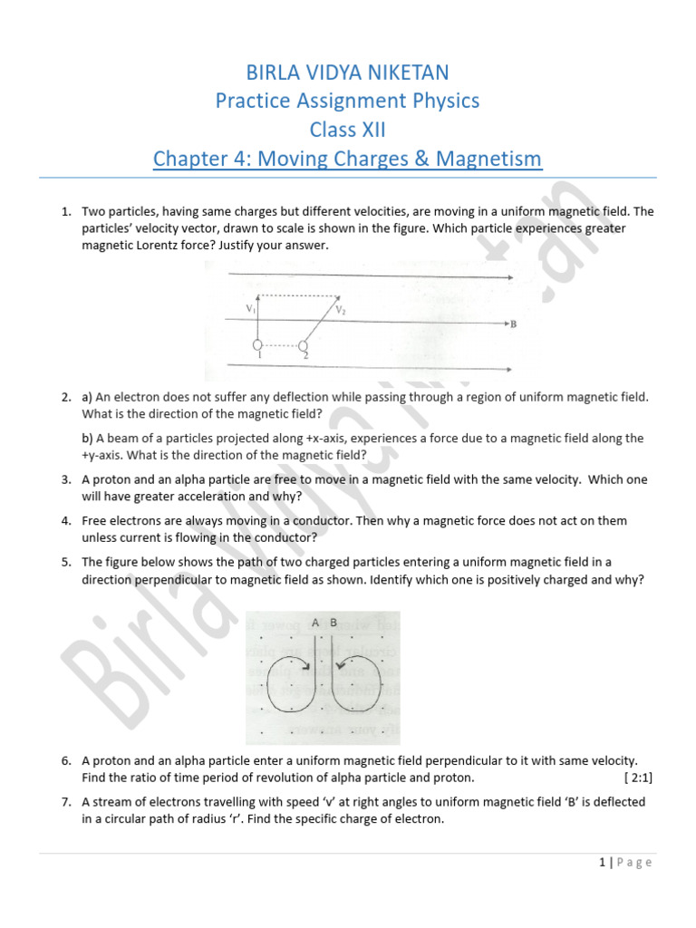 Ch4 - Physics - Practice Assignment - Magnetism and Moving Charges | PDF | Magnetic Field | Electron