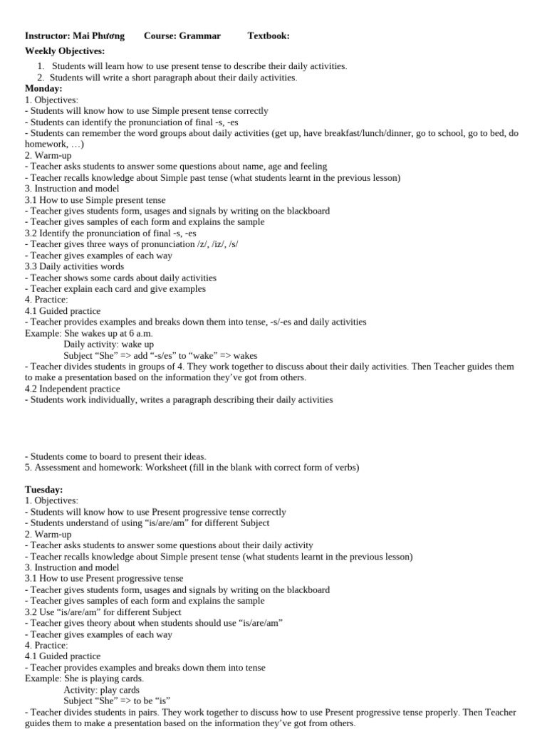 One Week Lesson Plan - Cosera | PDF | Perfect (Grammar) | Verb