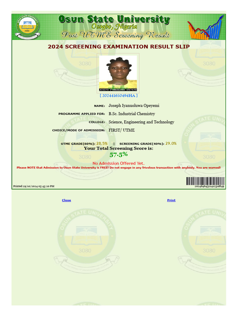 2024 Screening Exam Result Slip | PDF
