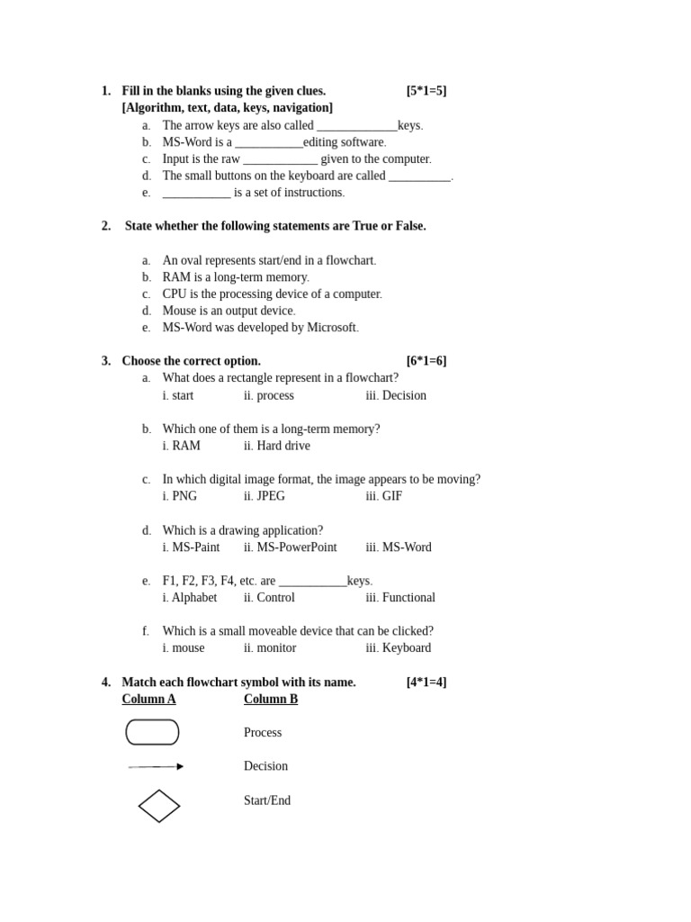Computer Basics Quiz and Flowchart Symbols | PDF