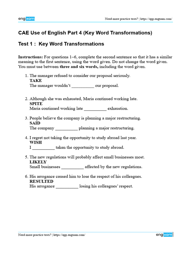 CAE Use of English Part 4 Key Word Transformations - Practice Test PDF1 ...