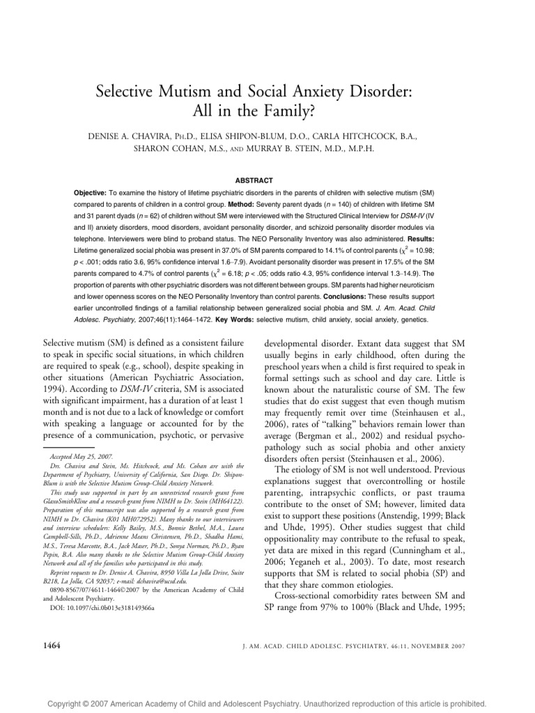 Selective Mutism and Social Anxiety Disorder All in The Family | PDF ...