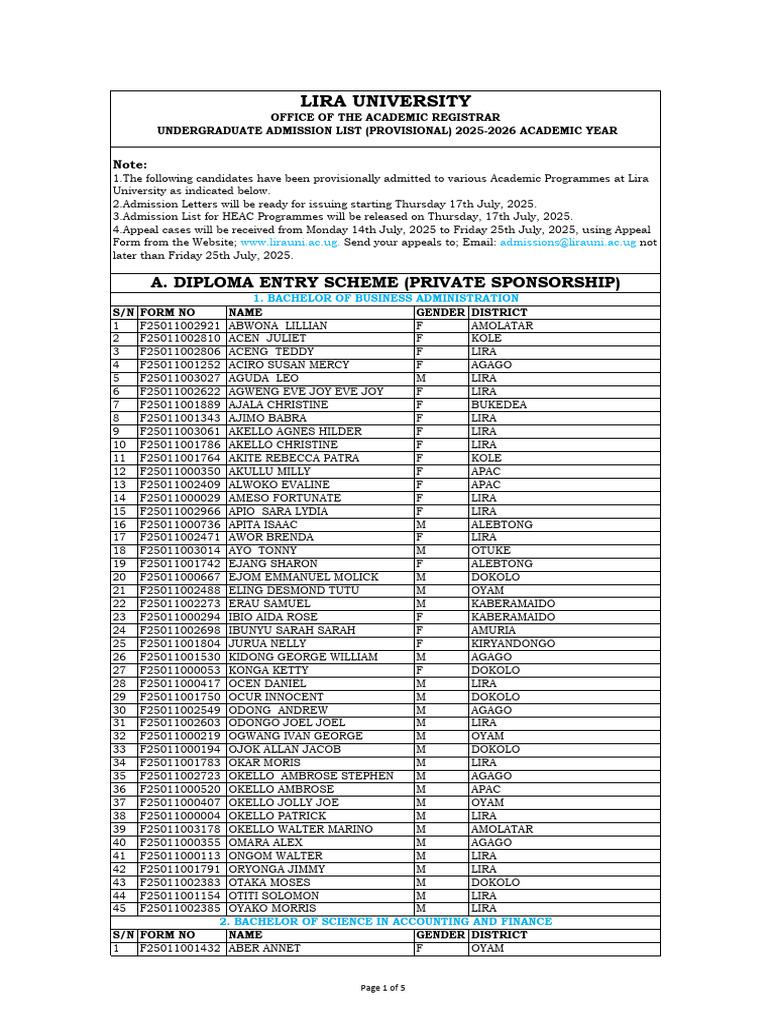 Lira University Admission List 2025-2026 | PDF | Academic Degree ...