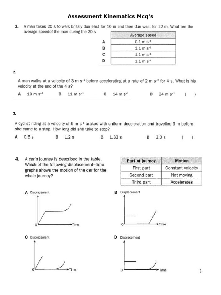 Assessment Kinematics MCQ 1 | PDF