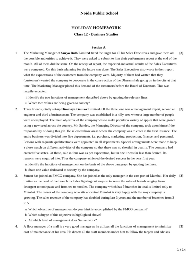 Class 12 Business Studies Holiday Homework | PDF | Marketing | Business