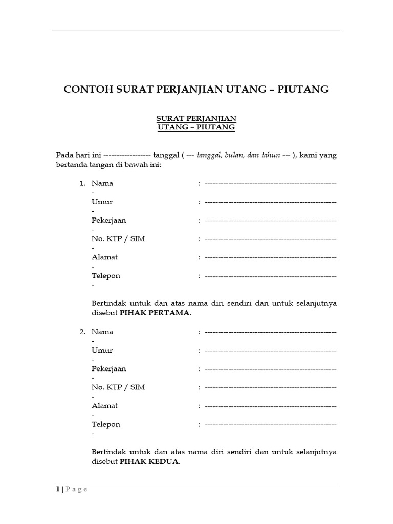 Contoh Surat Perjanjian Utang Piutang | PDF