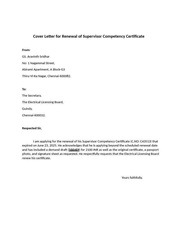 Supervisor Competency Certificate Renewal Letter | PDF