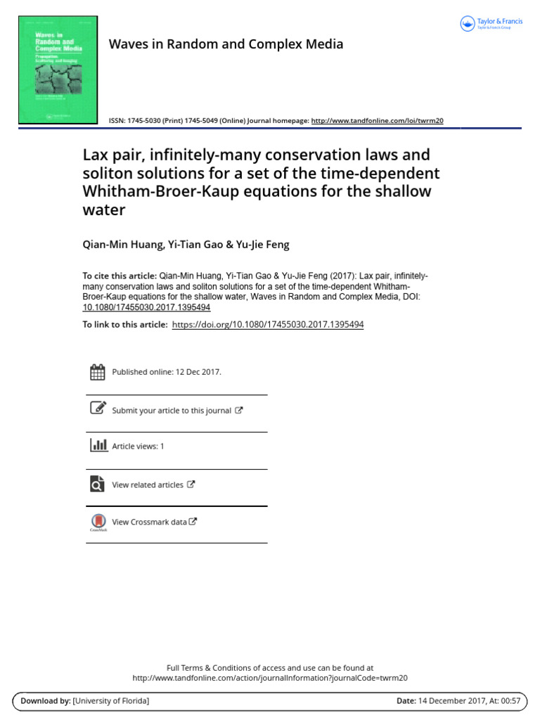Lax Pair, Infinitely-Many Conservation Laws and | PDF | Waves | Soliton