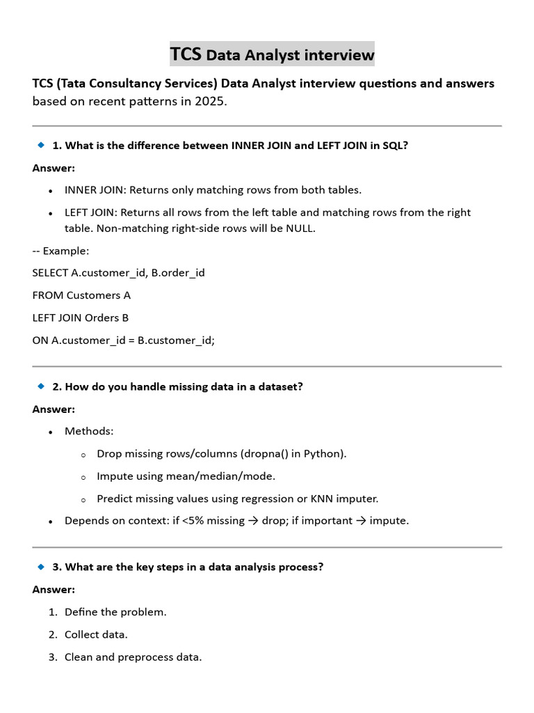 TCS Data Analyst Interview Questions and Answers (2025) | PDF | Data Analysis | Data