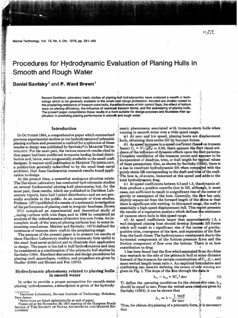 Savitsky 1976 Hydrodynamic Evaluation of Planing Hulls | PDF