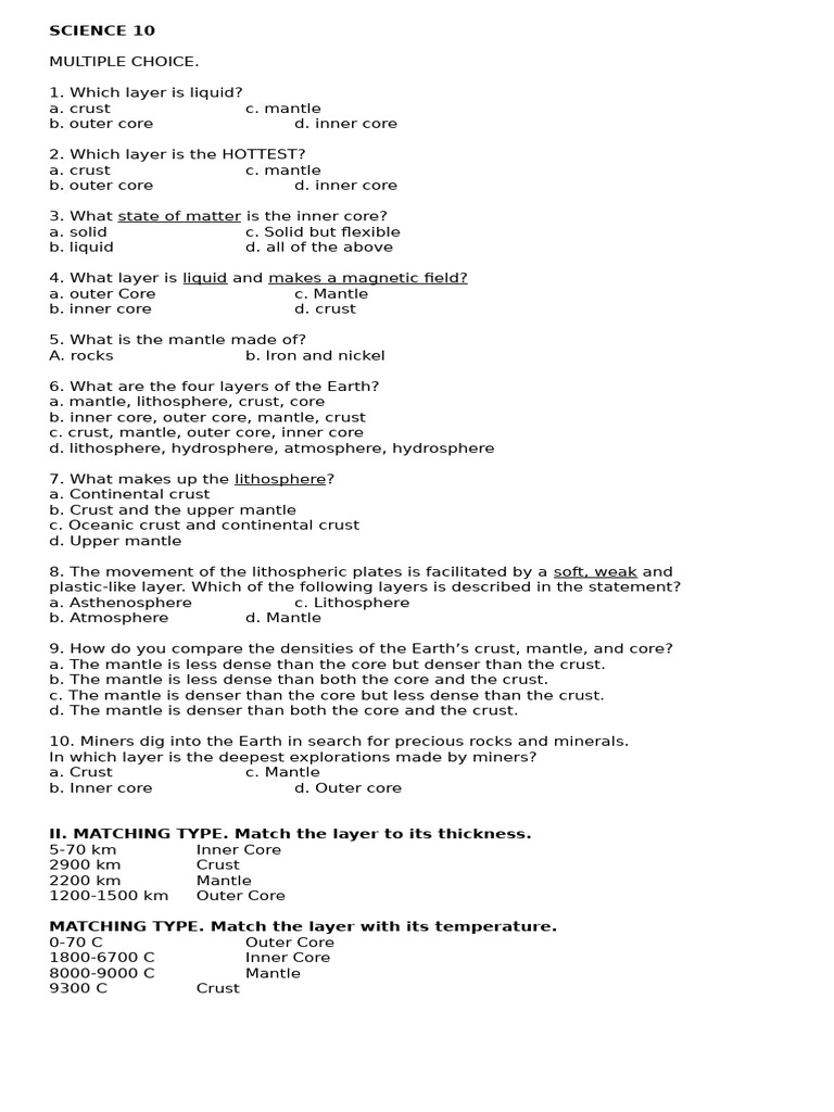 Layers of the Earth Quiz and Answers | PDF