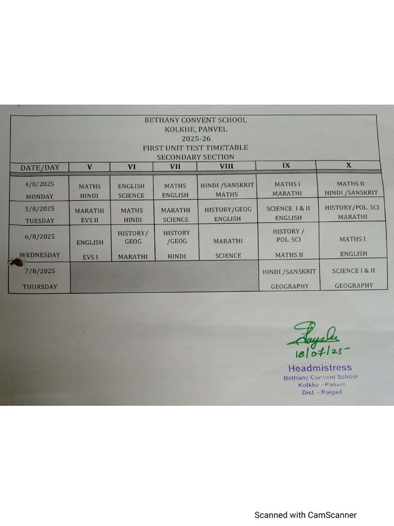 Unit Test Timetable V To X STD | PDF