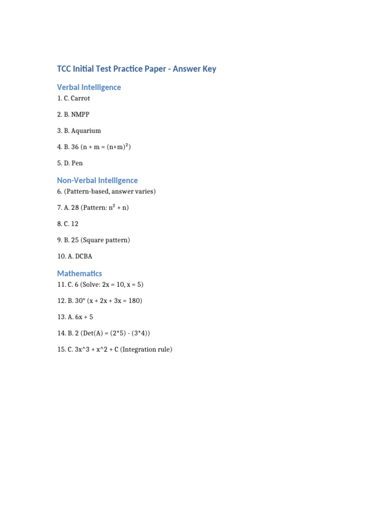 TCC Initial Test Answer Key | PDF
