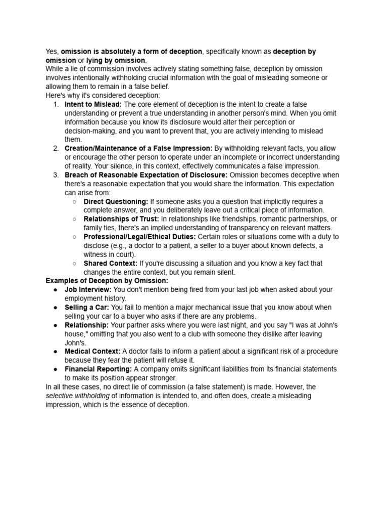 Is Omission A Form of Deception | PDF | Deception | Intention