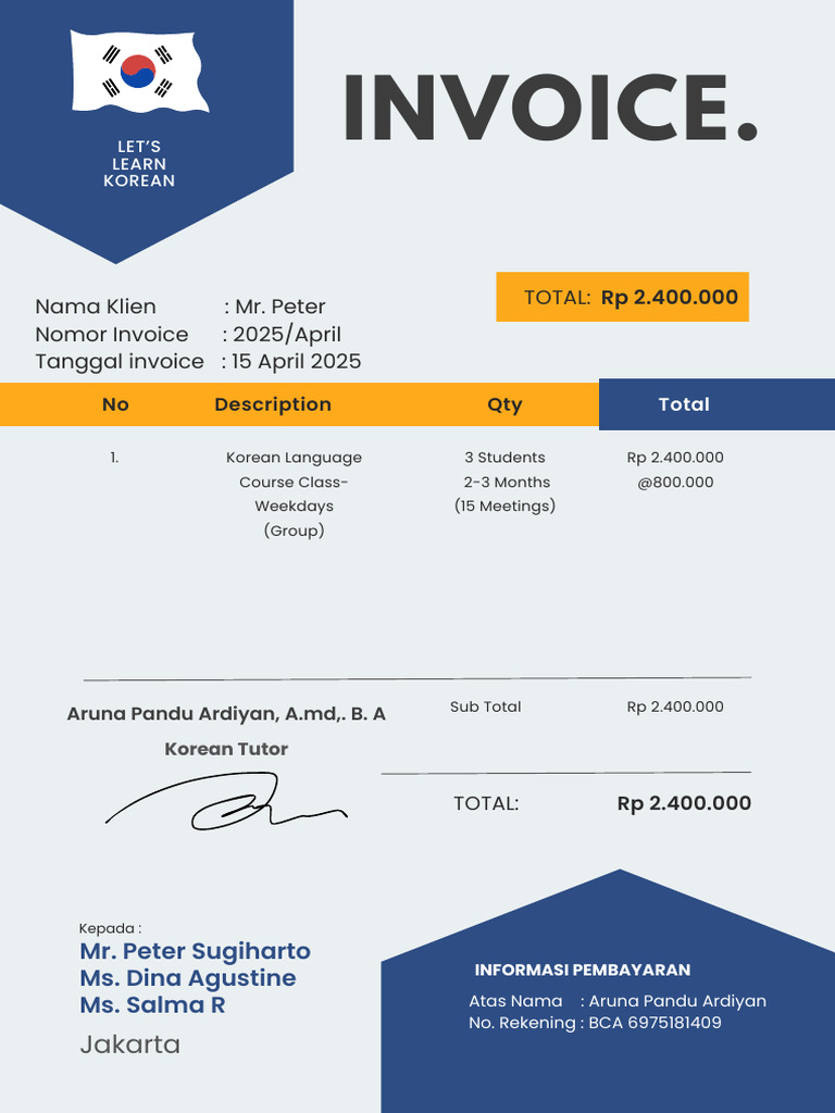 (Mr. Peter) Korean Class Invoice (April 2025) | PDF