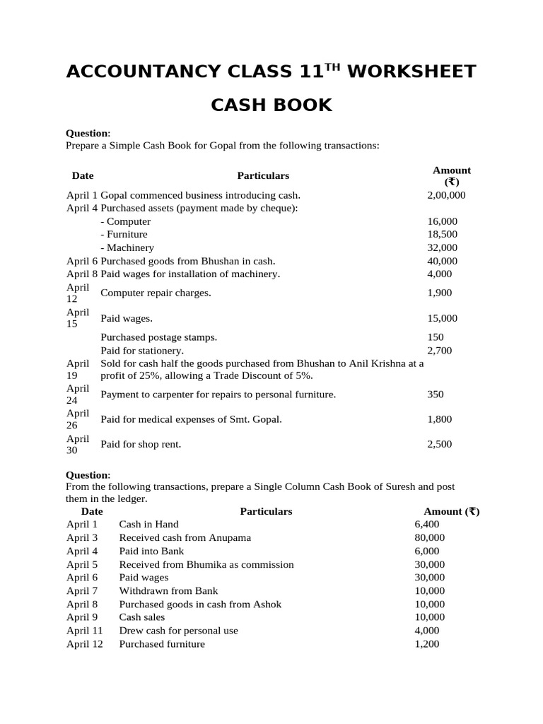 Accountancy Class 11th Worksheet Cashbook Commerce | PDF | Cheque | Cash
