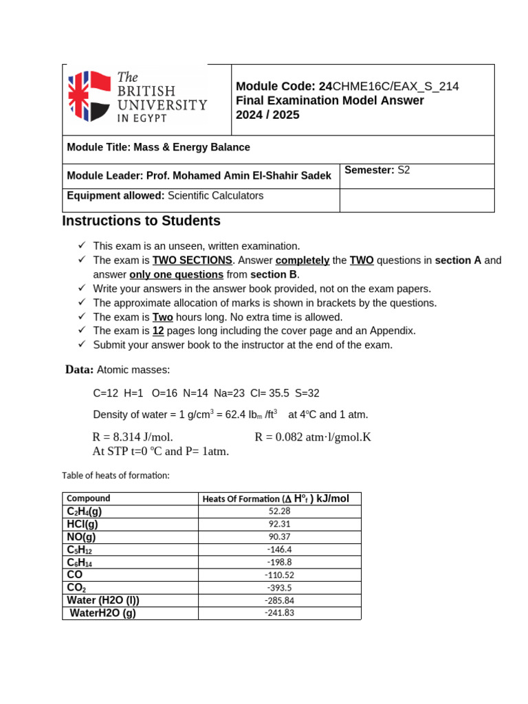 24CHME16C Mass & Energy Balance Final Exam Exam Model Answer 2024 - 2025 | PDF | Ethanol ...