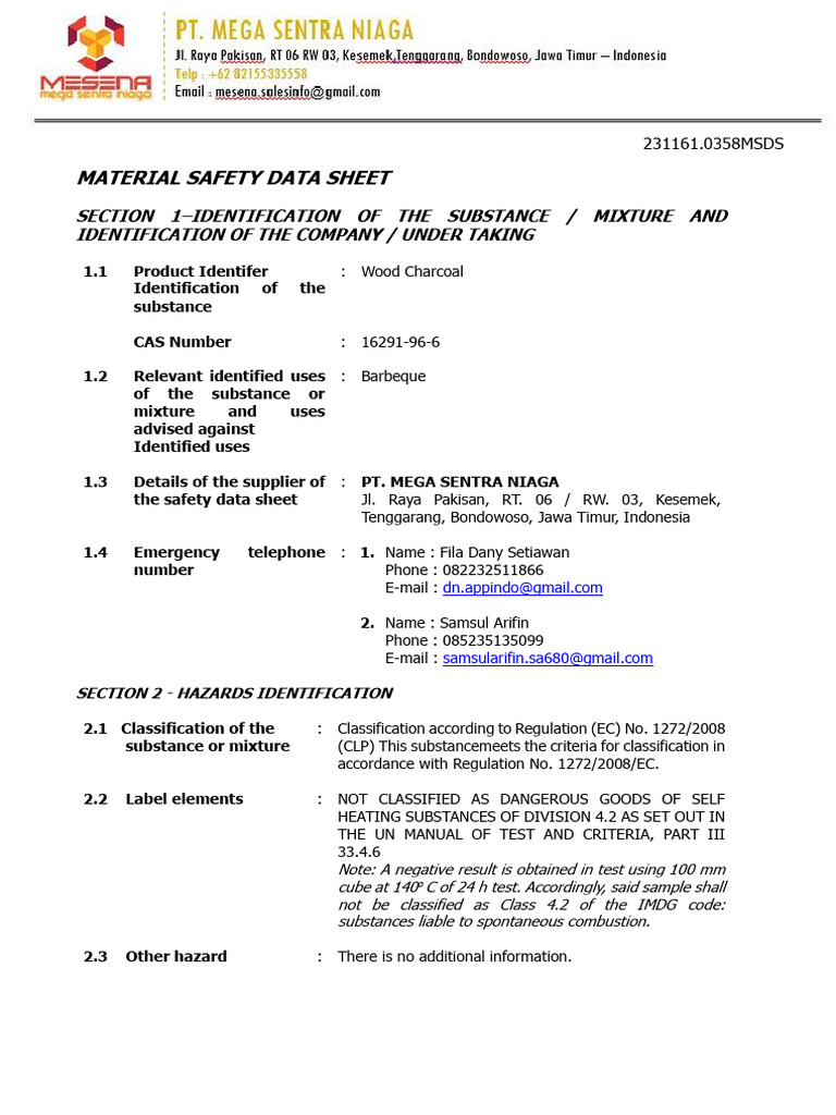 Wood Charcoal MSDS Overview | PDF | Firefighting | Combustion