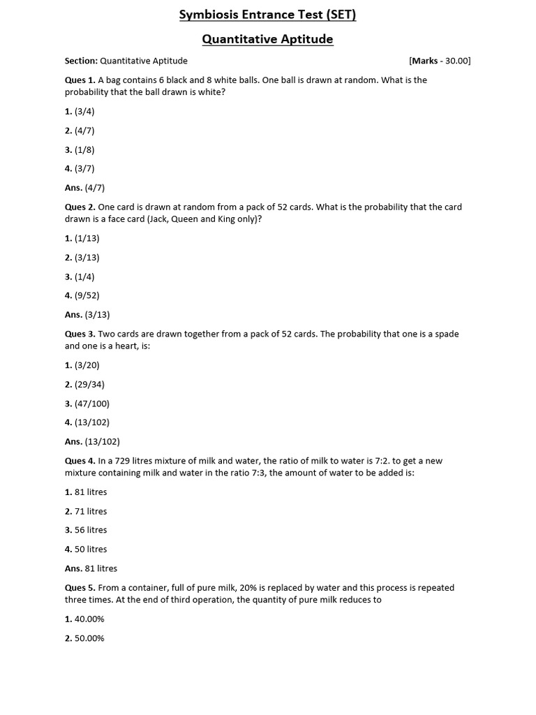 Symbiosis Set 2020 Sample Paper Previous Year Question Paper ...
