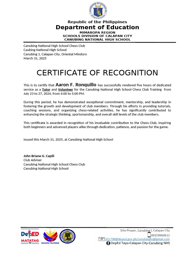 Chess Club Volunteer Recognition Certificate | PDF