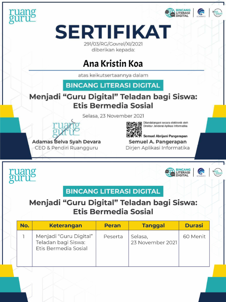 Sertifikat Bincang Literasi Digital 33 - Ana Kristin Koa | PDF