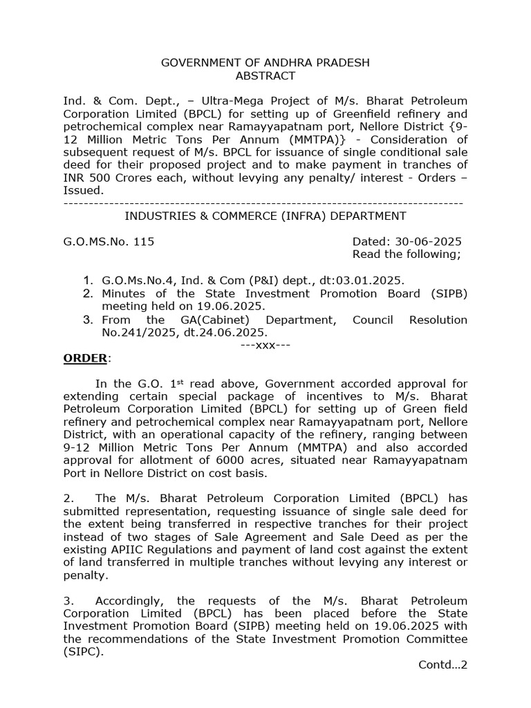 BPCL Greenfield Refinery Approval in AP | PDF