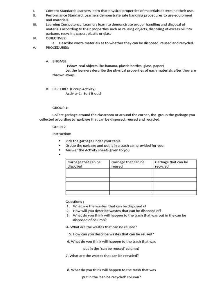 Waste Management Lesson Plan for Grade 3 | PDF | Municipal Solid Waste ...