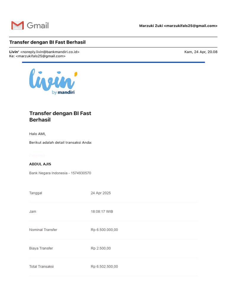 Konfirmasi Transfer BI Fast Rp 6.500.000 | PDF