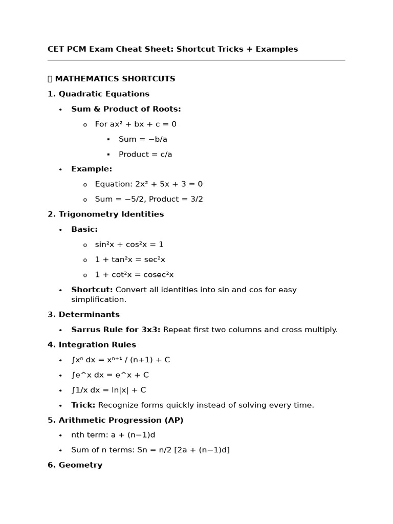 CET PCM Exam Cheat Sheet | PDF | Chemistry | Mole (Unit)