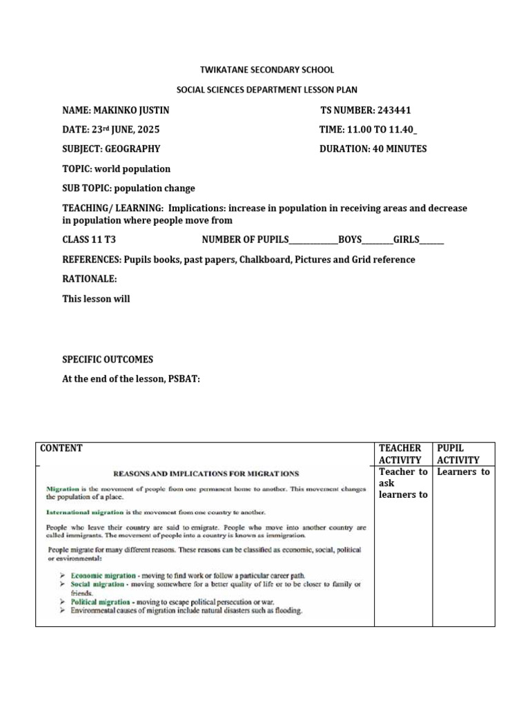Geography Lesson Plan on Migration | PDF | Teachers | Lesson Plan