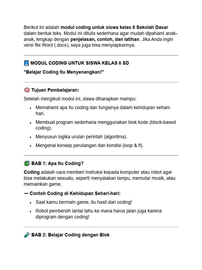 Modul Coding Untuk Siswa Kelas 6 Sekolah Dasar | PDF