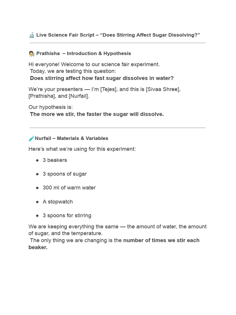 Science Fair Script - "Does Stirring Affect Sugar Dissolving | PDF