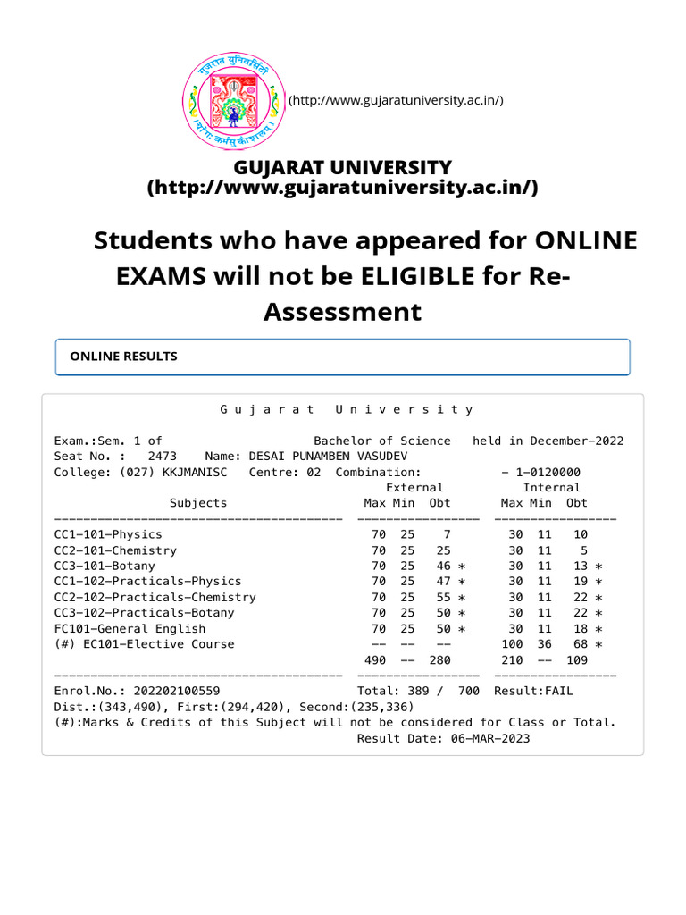 Gujarat University 2022 Exam Results | PDF