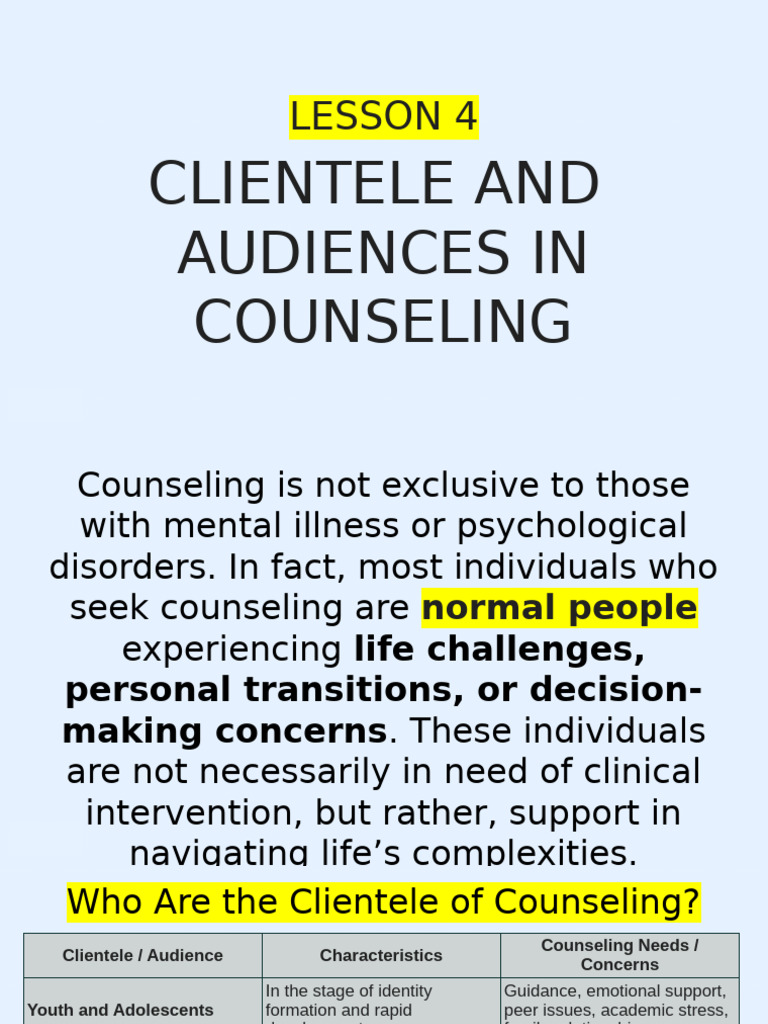 Understanding Counseling Clientele Needs | PDF | Psychotherapy ...